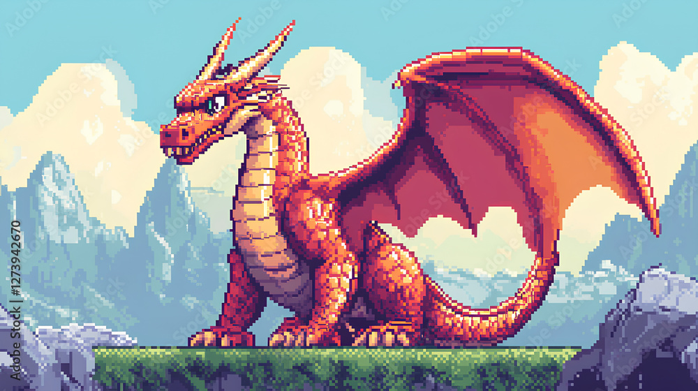 8-bit pixel art dragon character isolated, retro gaming fantasy ...