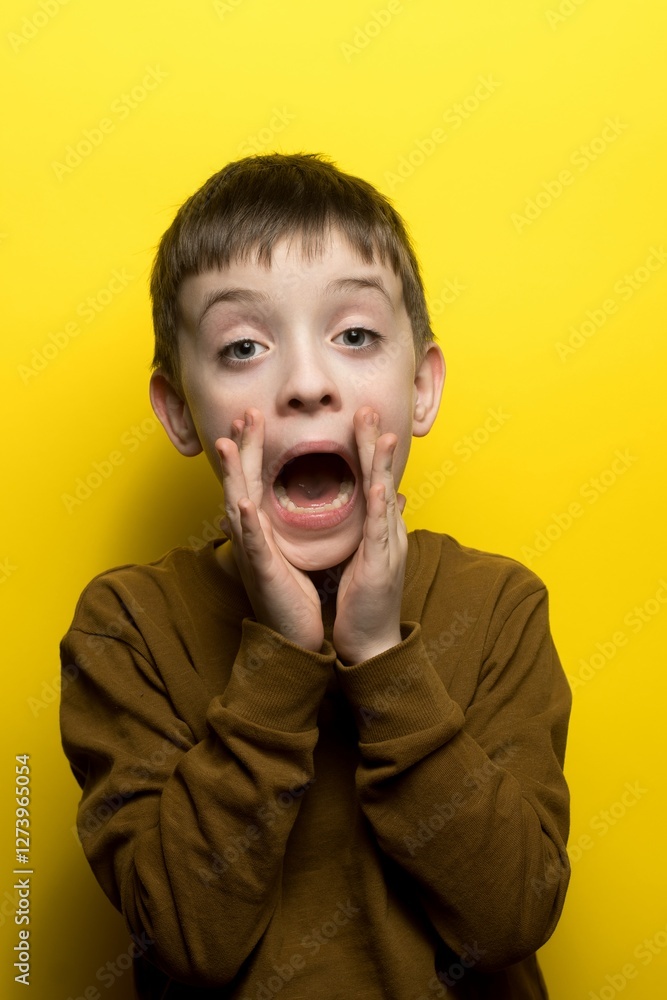 Child with hands cupped around mouth, shouting, yellow background ...