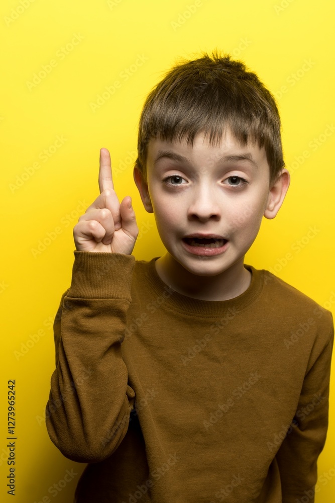 Child pointing up with one finger, yellow background. Great for themes ...