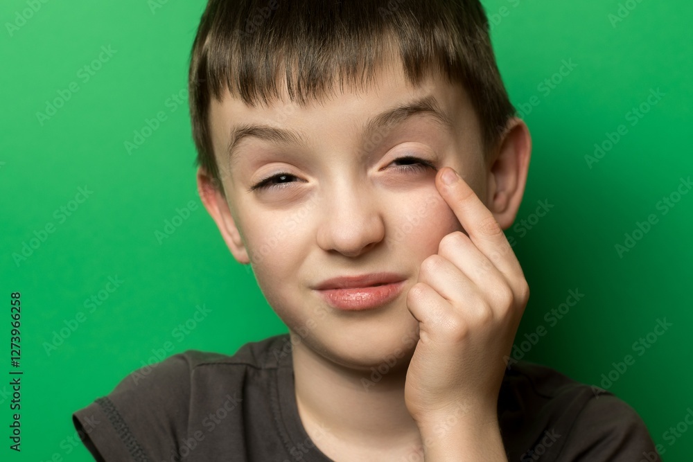 Child winking with one eye, hand on cheek, against green background ...
