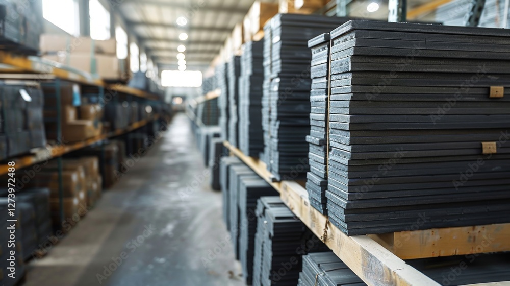 In a spacious warehouse, stacks of raw material sheets are organized on ...
