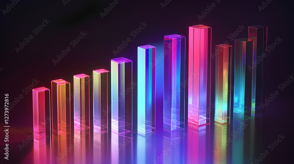 glass holographic bar chart, graph or diagram render icon. Rainbow ...