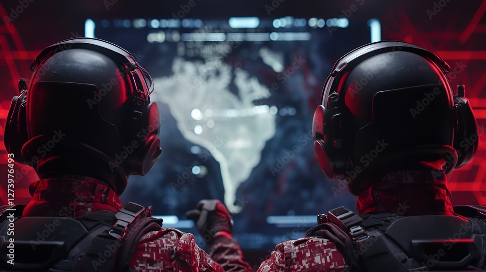 Esports teamwork concept. Two soldiers in helmets monitor a tactical ...