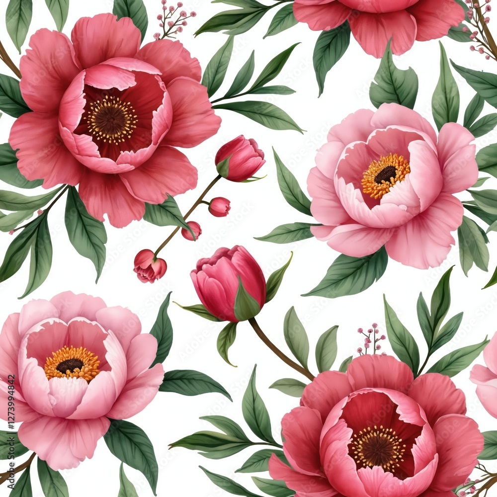 Seamless floral pattern with watercolor pions. Pink pion flowers with ...