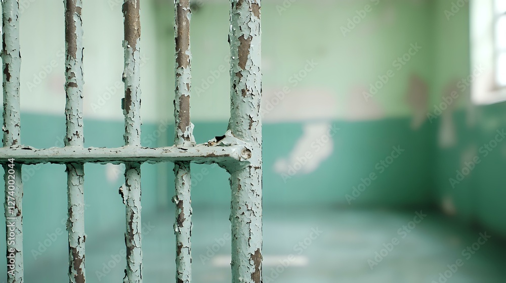 Prison cell bars with peeling paint against mint green wall, creating ...