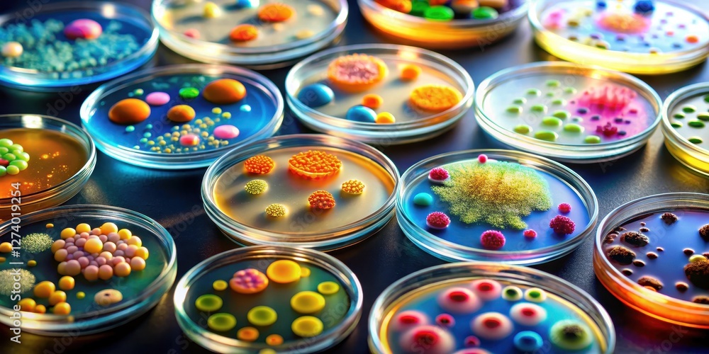 Microscopic bacteria colonies with diverse colors and shapes multiply ...