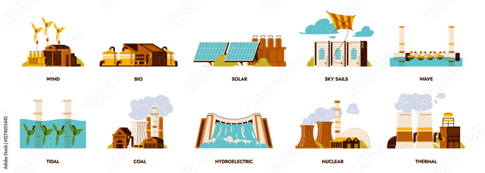 Electricity generation source types. Vector energy mix solar and ...