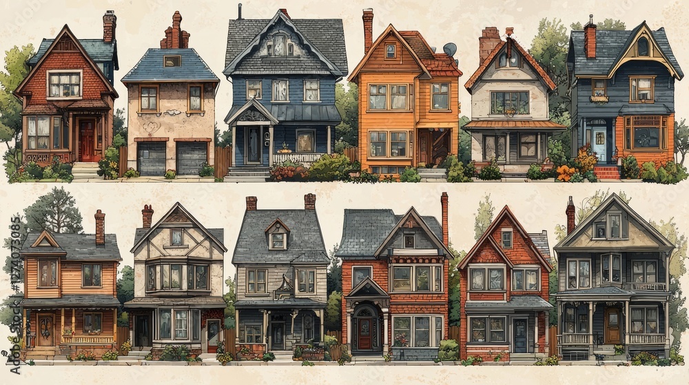 The image depicts six grayscale drawings of charming houses ...
