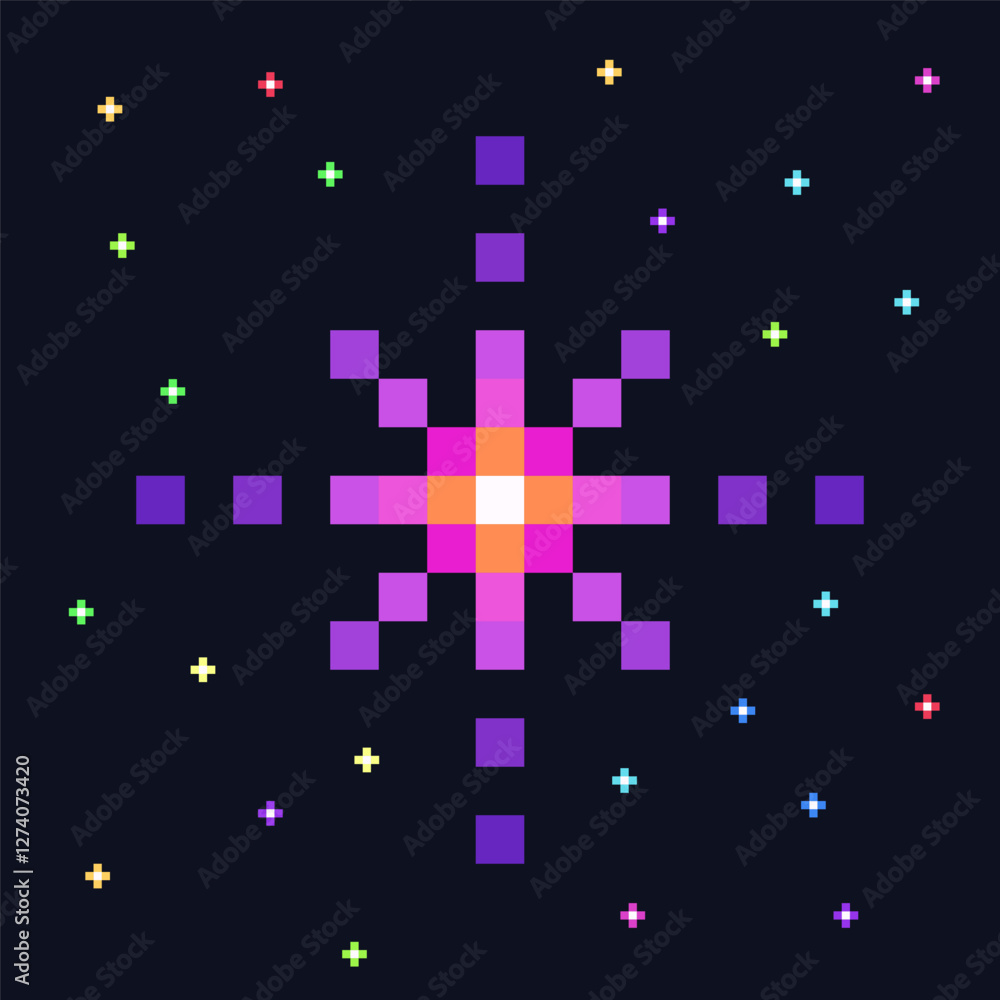 Pixel art purple-pink star. Star, glitter, sparkles. Pixelated starry sky sign. Space shining ...
