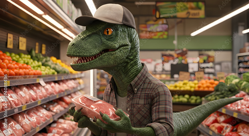 Velociraptor dressed as a human buys meat in an American supermarket ...