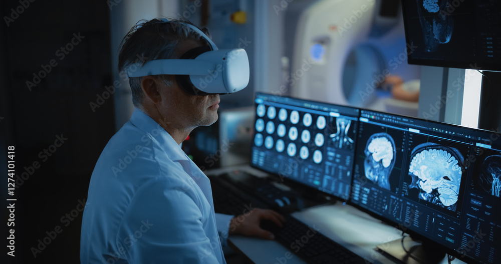 Foto de Stock Futuristic Concept: In Medical Control Room Male Doctor ...