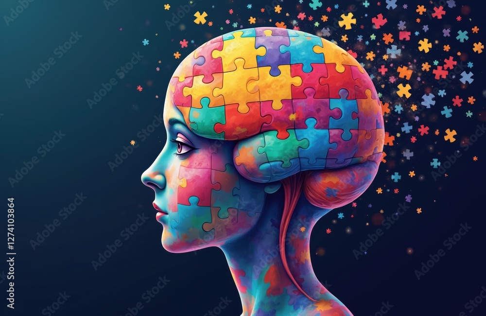Illustration of female face profile. Brain assembled from colorful ...