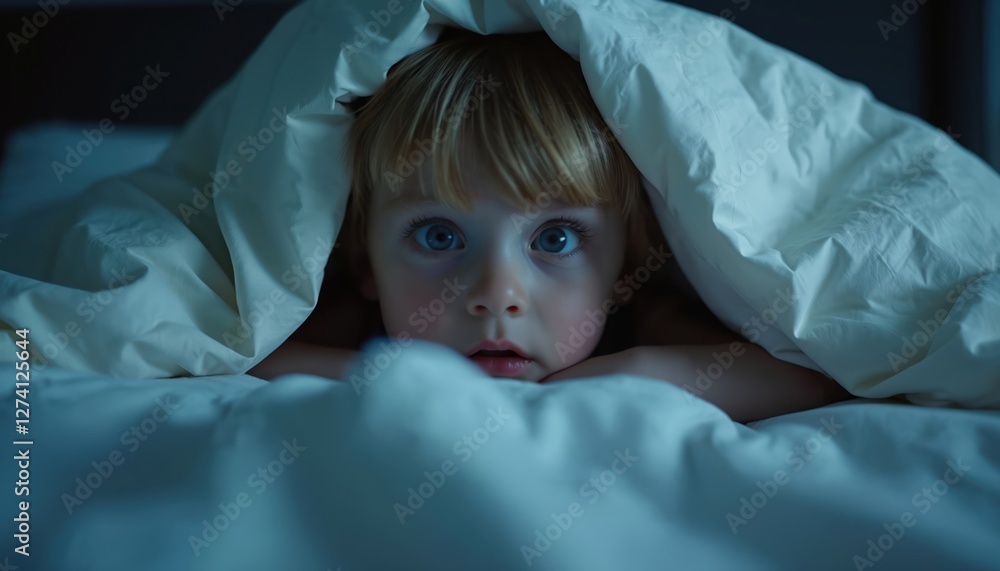 Scared child peeks out from under the covers in dim room. Little boy is ...