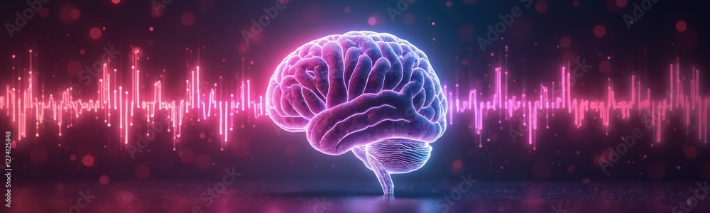 Illustration of human brain with waveform. Pink brain highlighted on ...