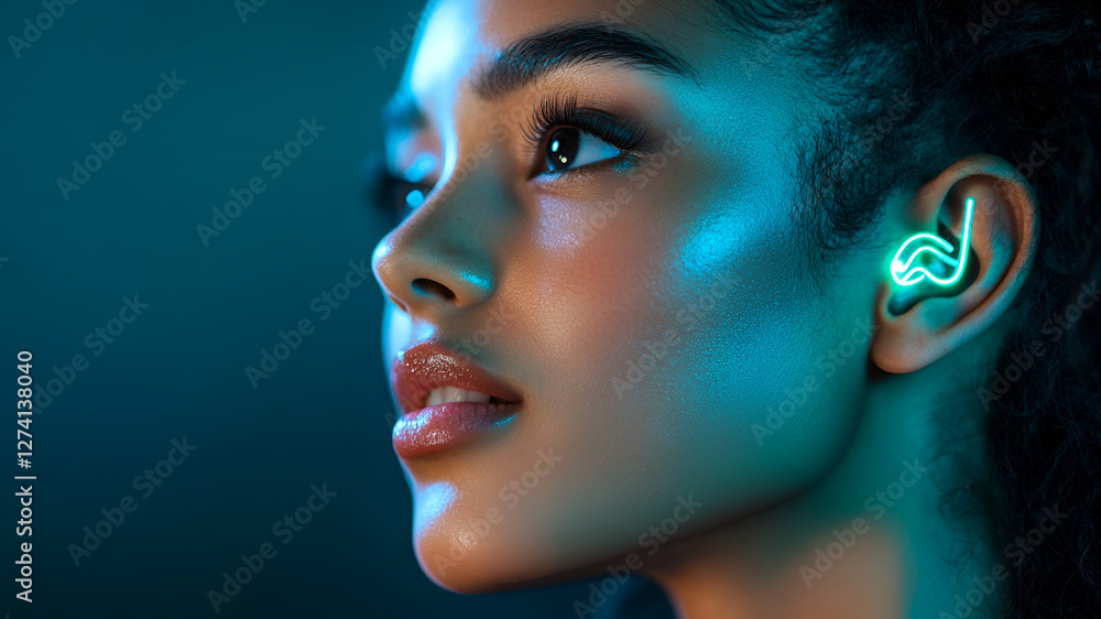 Young woman with neon ear device in futuristic setting, World Hearing ...