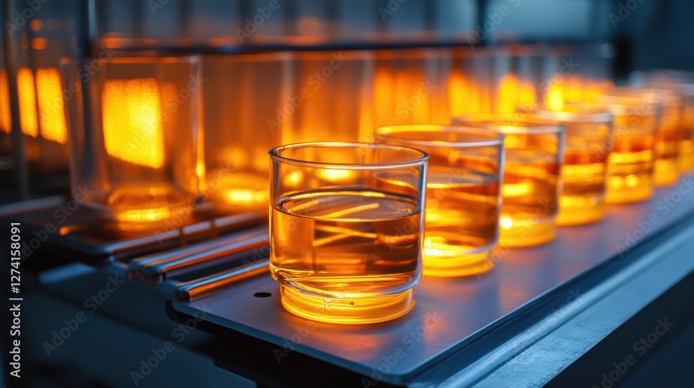 Newly formed glassware cooling on racks as they transition from glowing ...