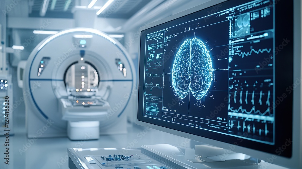 Modern Medical Imaging Room with MRI Machine and Brain Scan Display ...