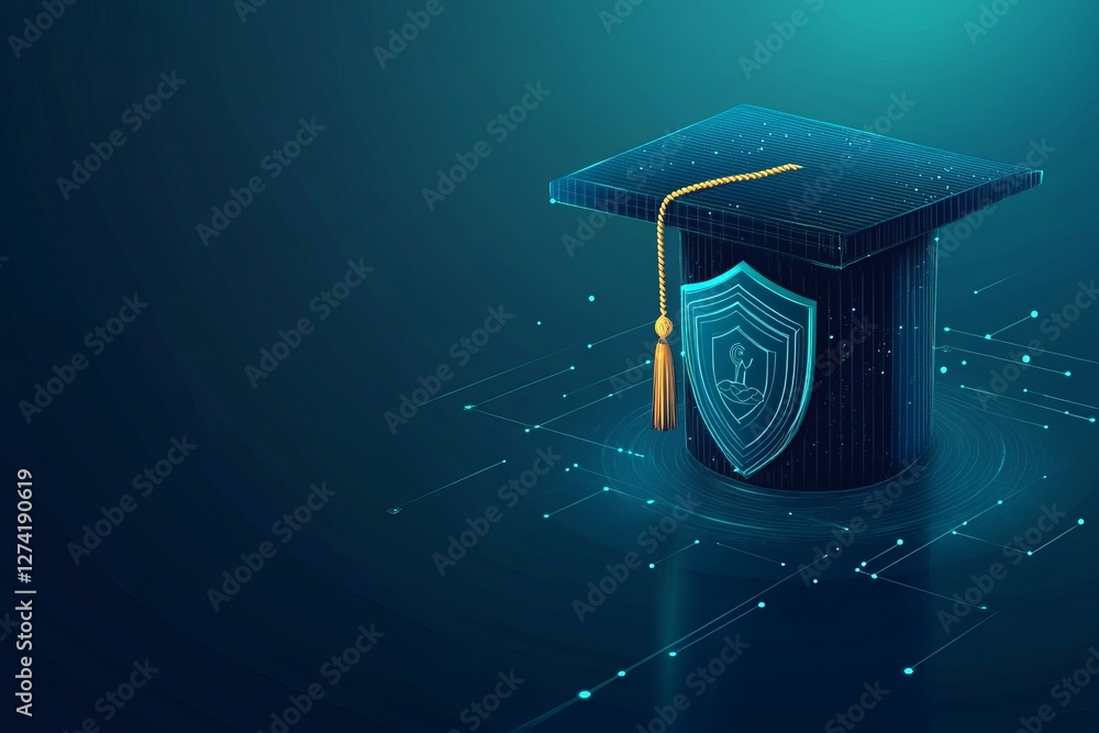 Graduation cap with a shield emblem representing academic achievement ...