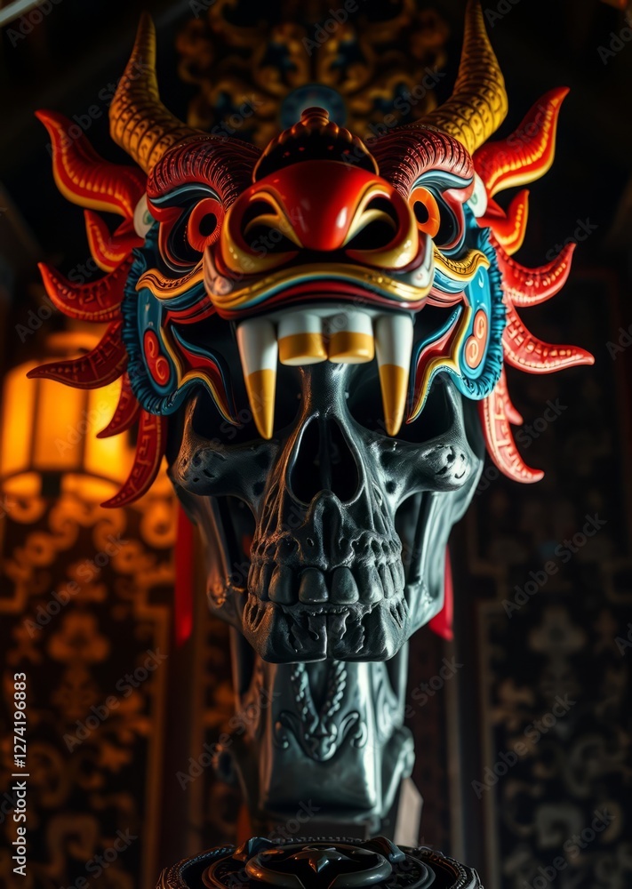 Foto de Stock Colorful dragon mask adorning ancient human skull in ...