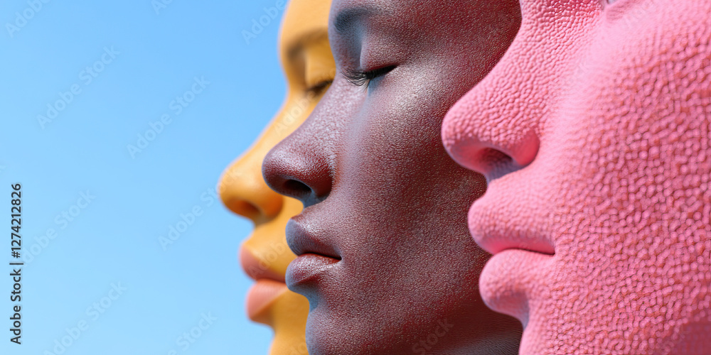 Three Profile Faces with Varied Skin Tones and Textures Stock Photo ...