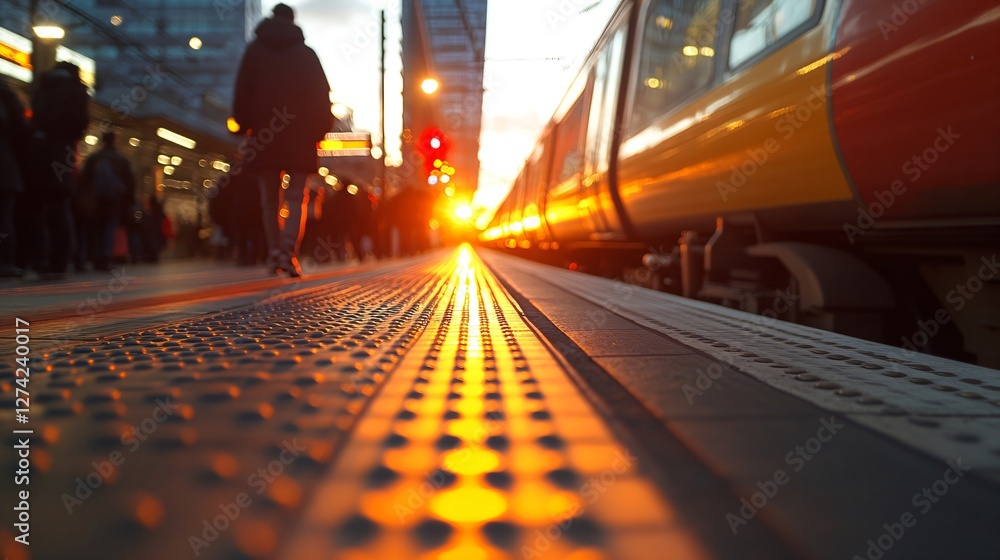 Train platform with yellow safety strip at sunset, silhouette of people ...