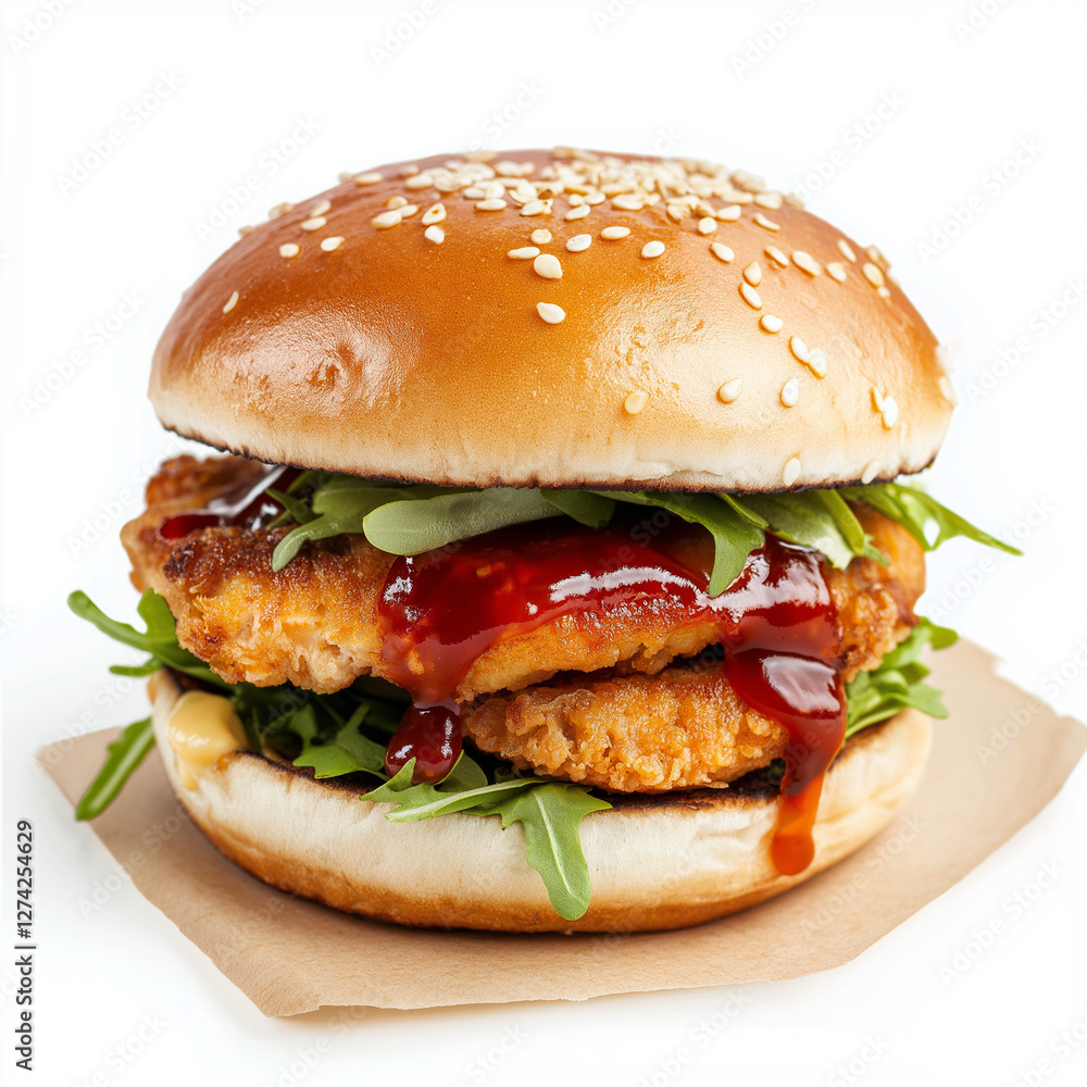 crispy chicken burger dripping in chilli sauce, realistic food ...