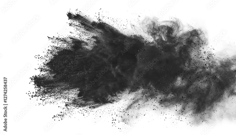 Dark gray black dust powder explosion transparent PNG, isolated background. Dynamic blast ...