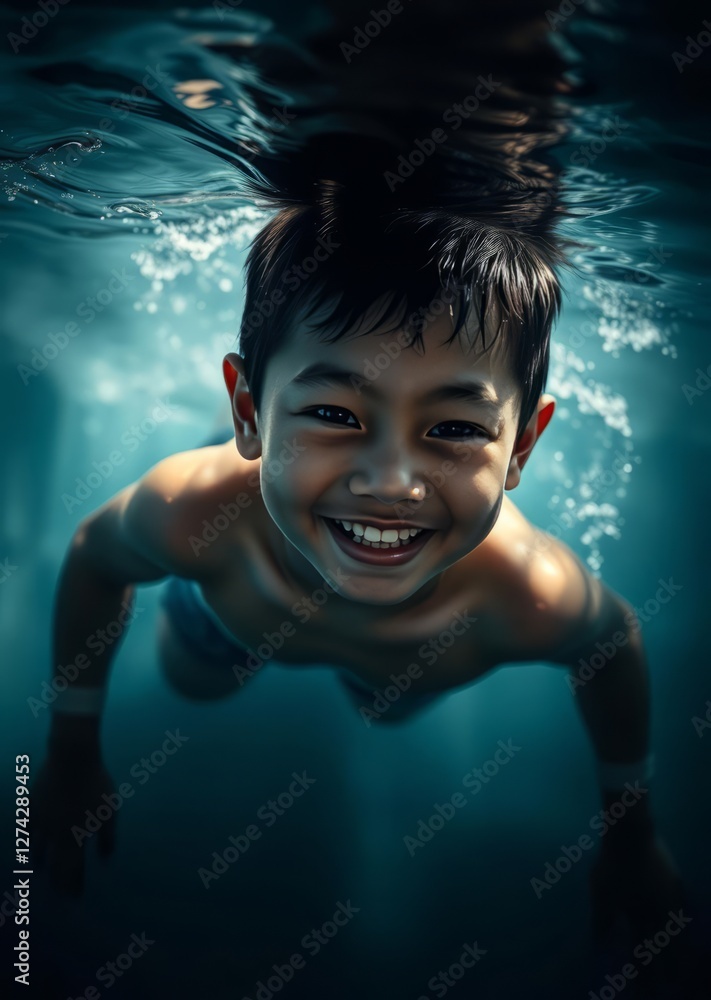 Young boy smiling and floating under water East Asian china japan ...