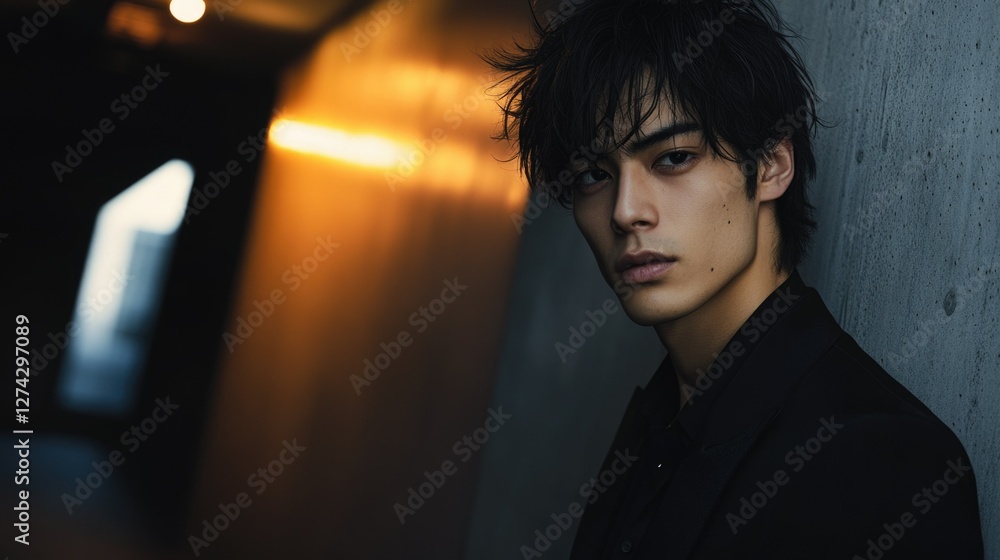Stylized emo male model with dark hair, piercing eyes and intense gaze ...