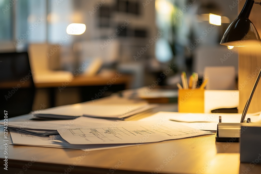 Documented papers and blueprints on desk highlight building permit ...