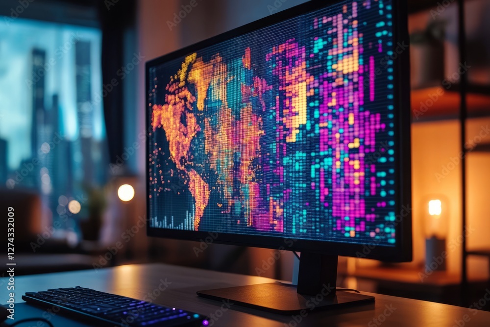 Computer monitor displaying a colorful world map with various geographical details and colors ...