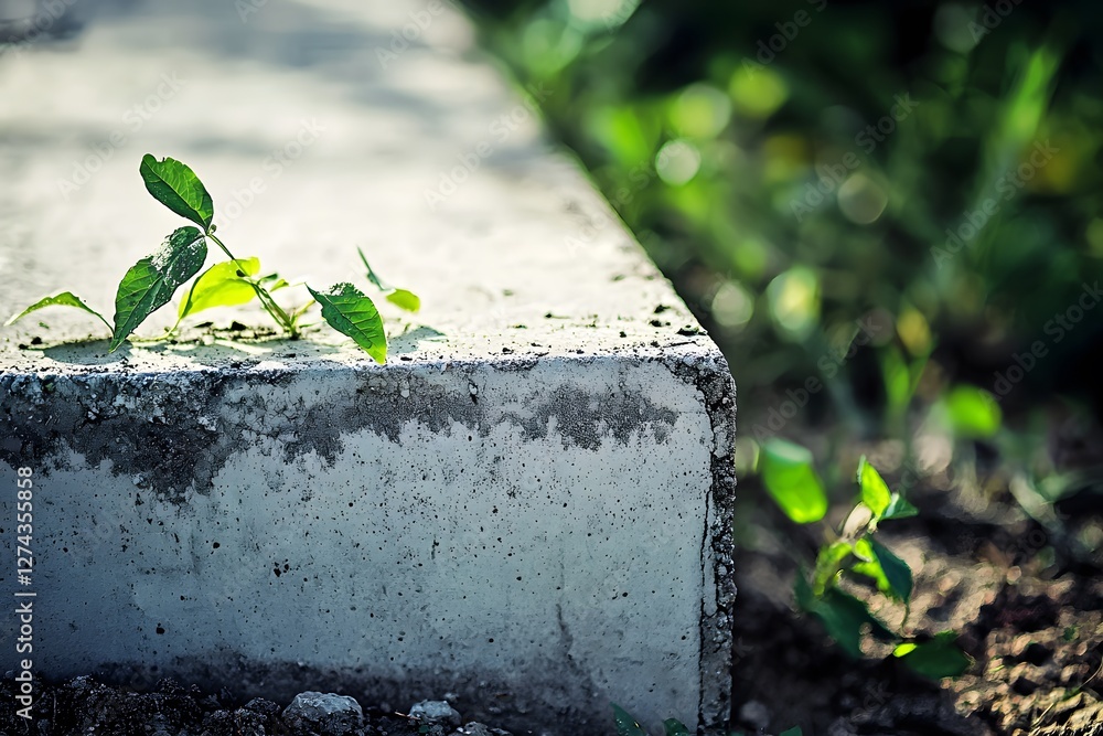 Resilience in Concrete: A vibrant young plant courageously sprouts from ...