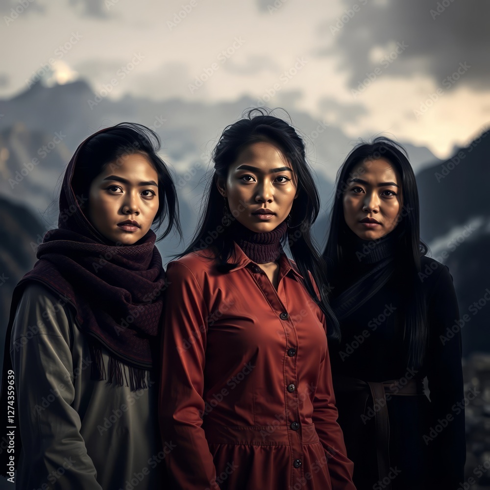 Vertical shot of three east asian females at rohtang pass india East ...