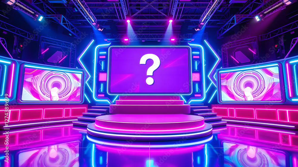 Colorful futuristic game show stage with bright lights and question ...