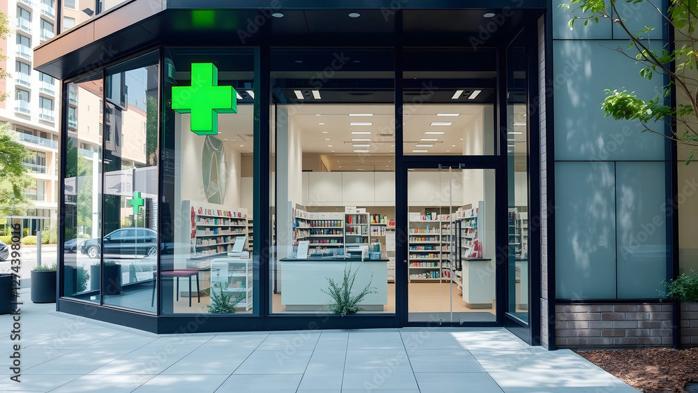 Modern medical dispensary storefront with green cross sign, showcasing ...