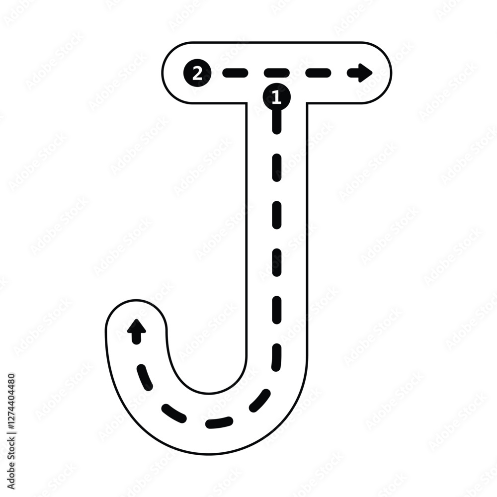 Tracing Alphabet letter J, Uppercase prewriting dotted line element for kindergarten, preschool ...