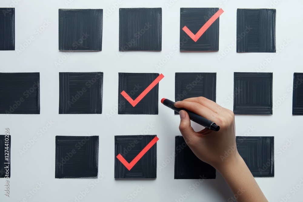 Hand holding marker with check mark on white background and multiple ...