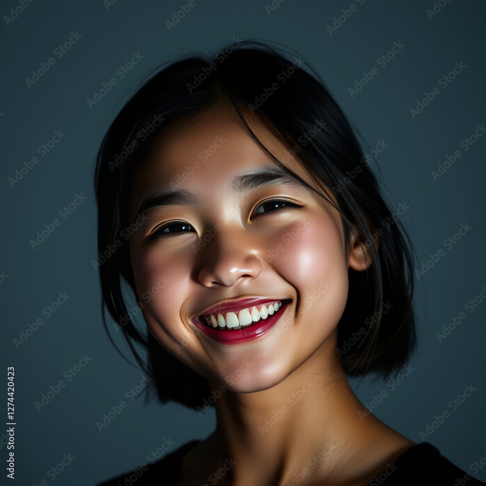 Portrait of smiling south east asian young adult girl with joyful and ...