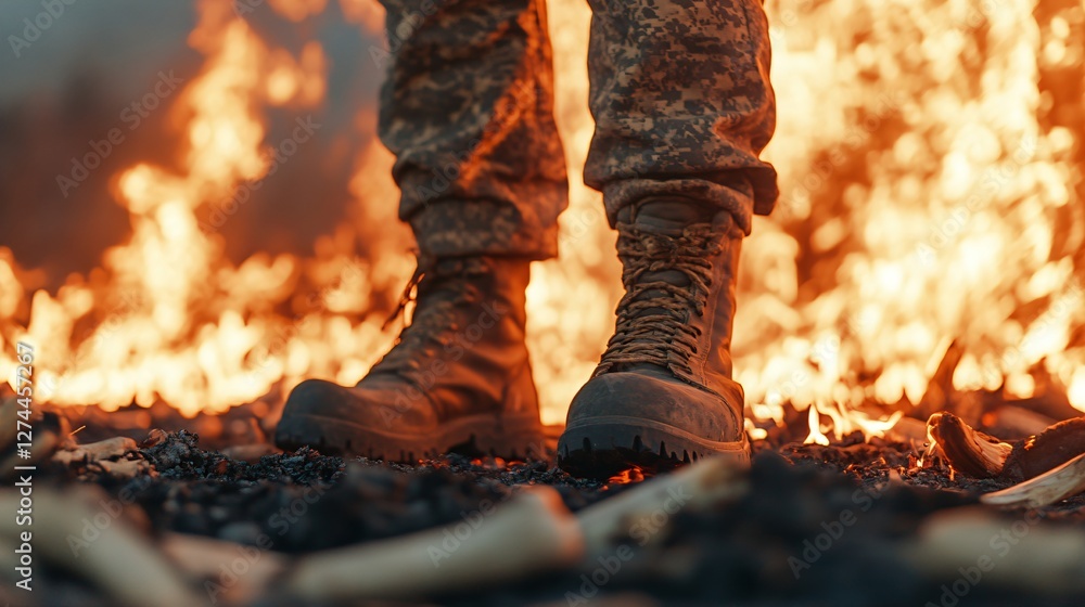 Combat boots on burning ground with flames in background. Powerful ...