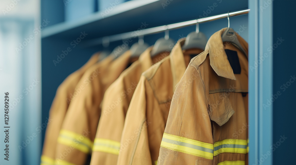 Firefighter protective gear hanging neatly on locker room hangers ...