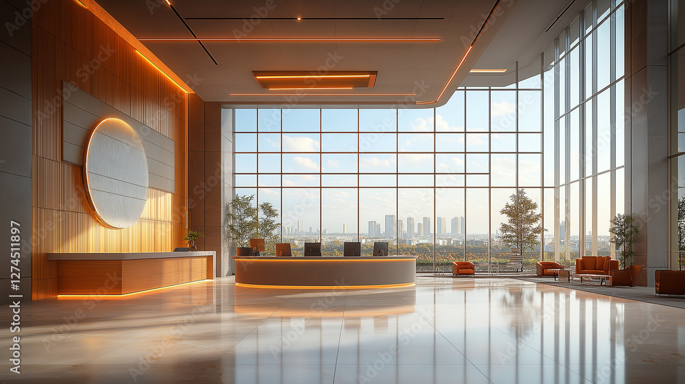 Luxurious corporate lobby with panoramic city views, modern ...
