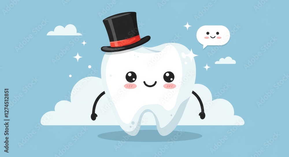 Happy Tooth Top Hat Dental Care - A cheerful cartoon tooth, wearing a ...