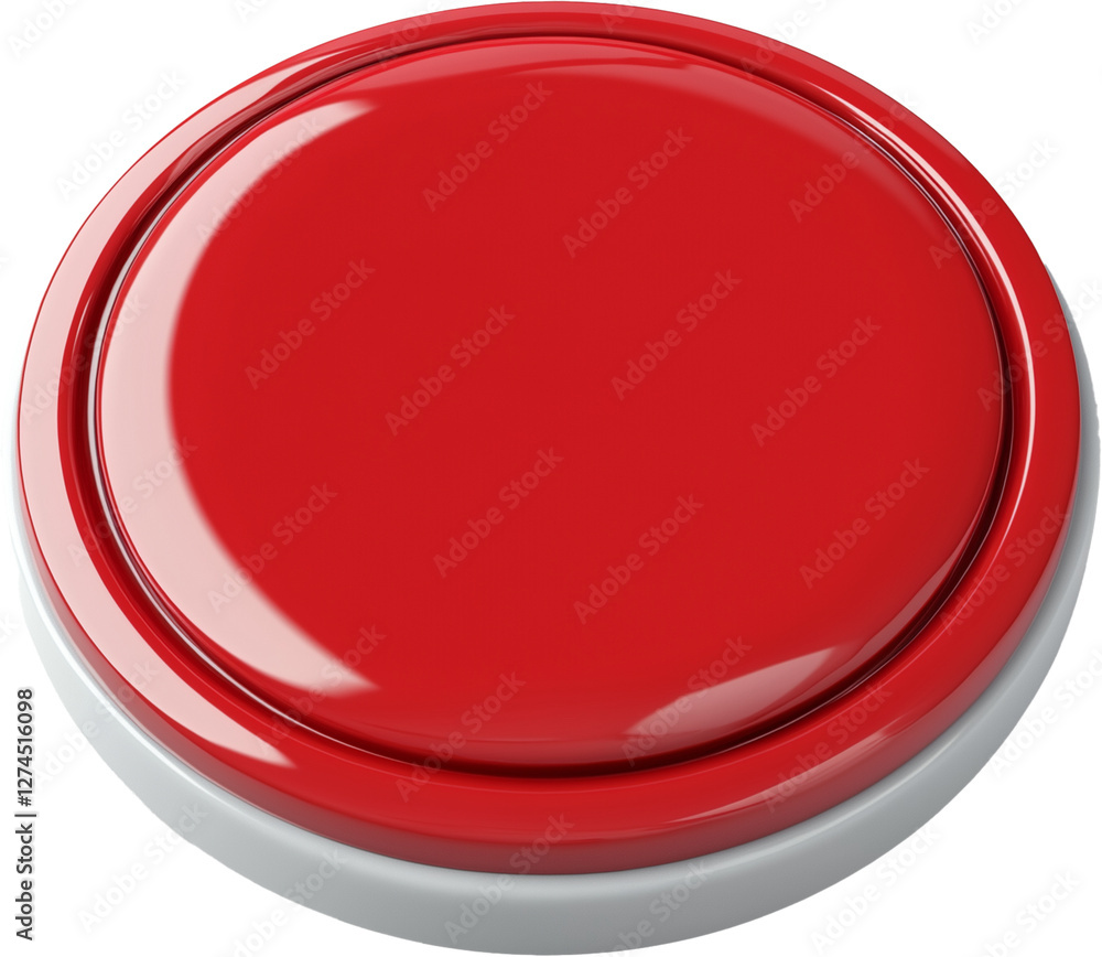 Red round push button with metallic border on isolated transparent ...
