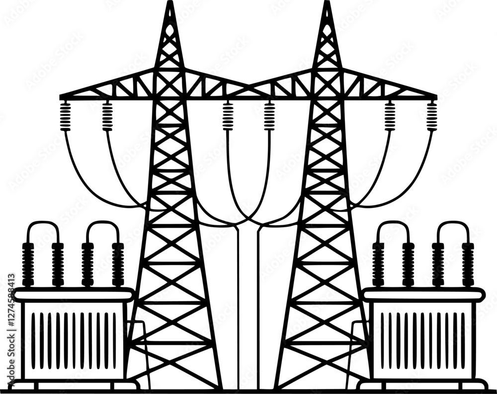 Line drawing of a power substation with transmission towers. Stock ...