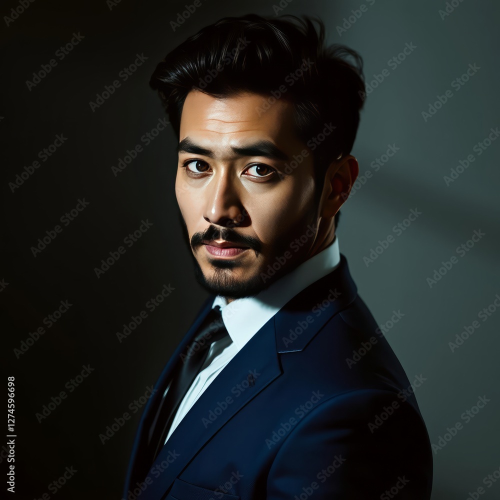 Portrait of a handsome man with dark hair and beard wearing a blue suit ...