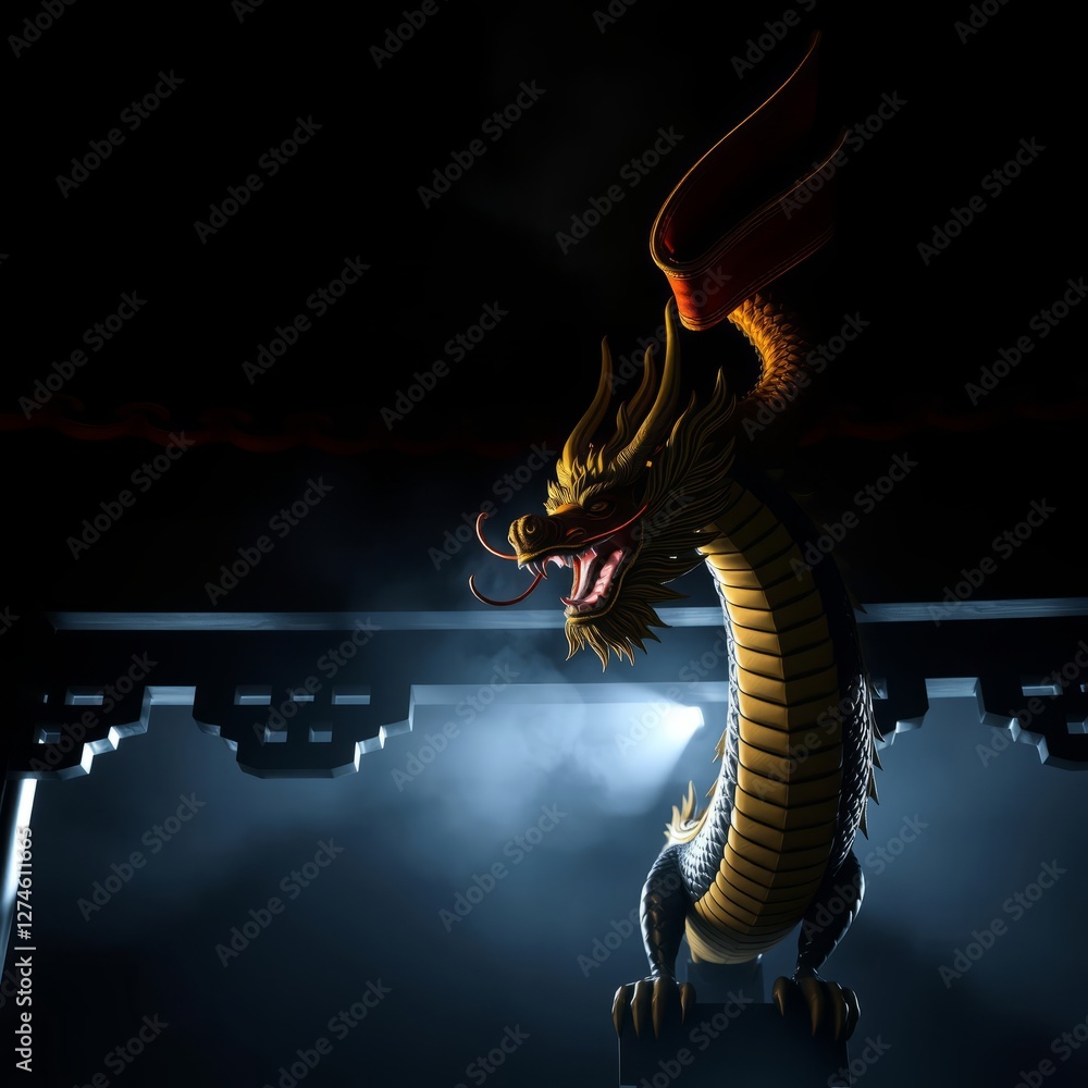 Beautiful east asian dragon and bird in chinese roof temple trat ...