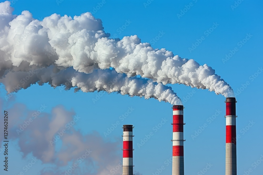 Industrial chimneys release thick plumes of smoke into clear blue sky ...