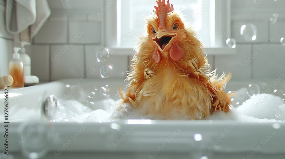 funny chicken relaxes in a Jacuzzi, laughing tipsy among soap bubbles ...