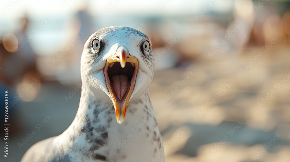 Close-up of a screaming seagull with open beak at the beach, capturing ...