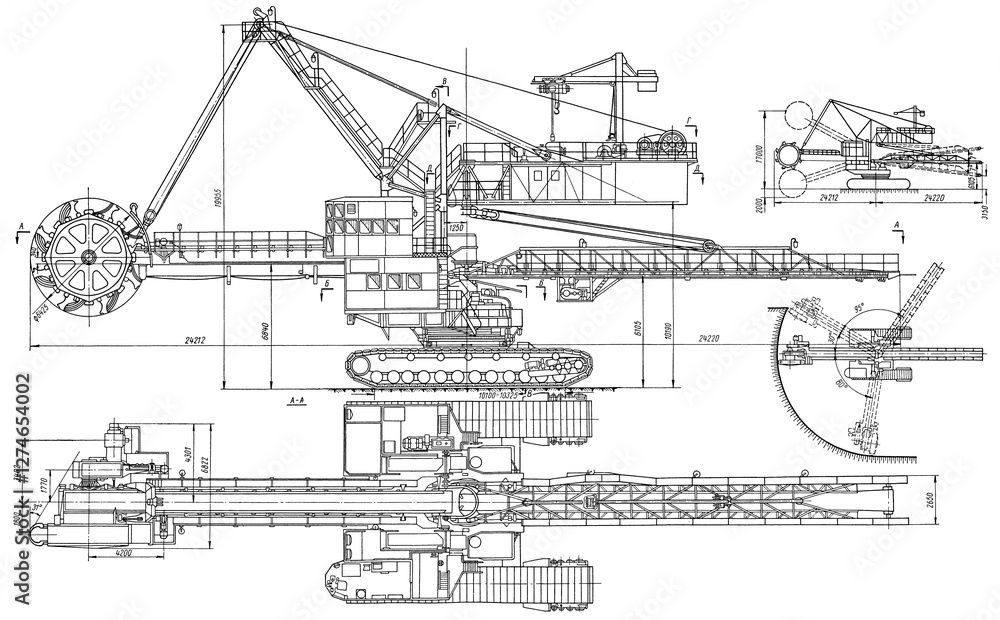 Tracked (crawler) earthmoving machine. Technical drawing of quarry ...